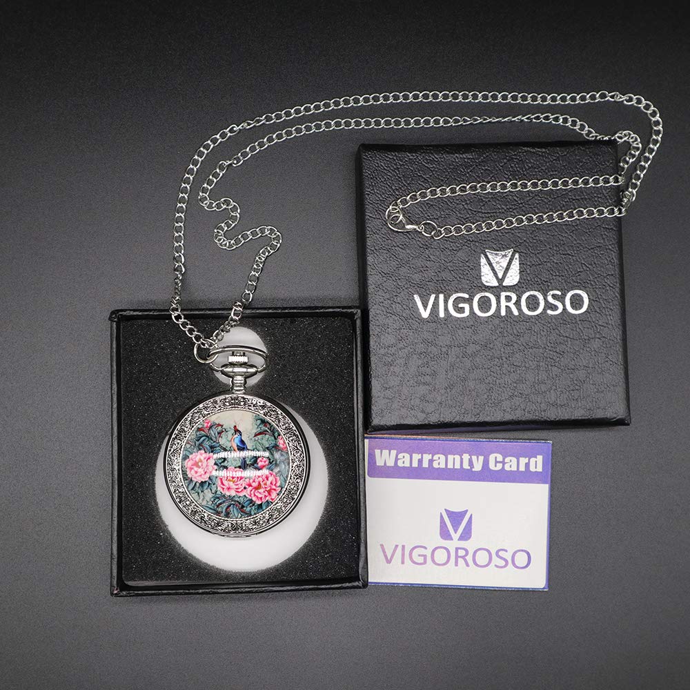 VIGOROSO Quartz Beautiful Peony Bird Enamel Painting Steampunk Silver Pocket Watches in Box