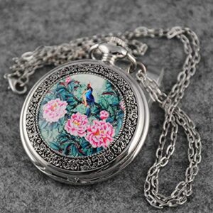 VIGOROSO Quartz Beautiful Peony Bird Enamel Painting Steampunk Silver Pocket Watches in Box