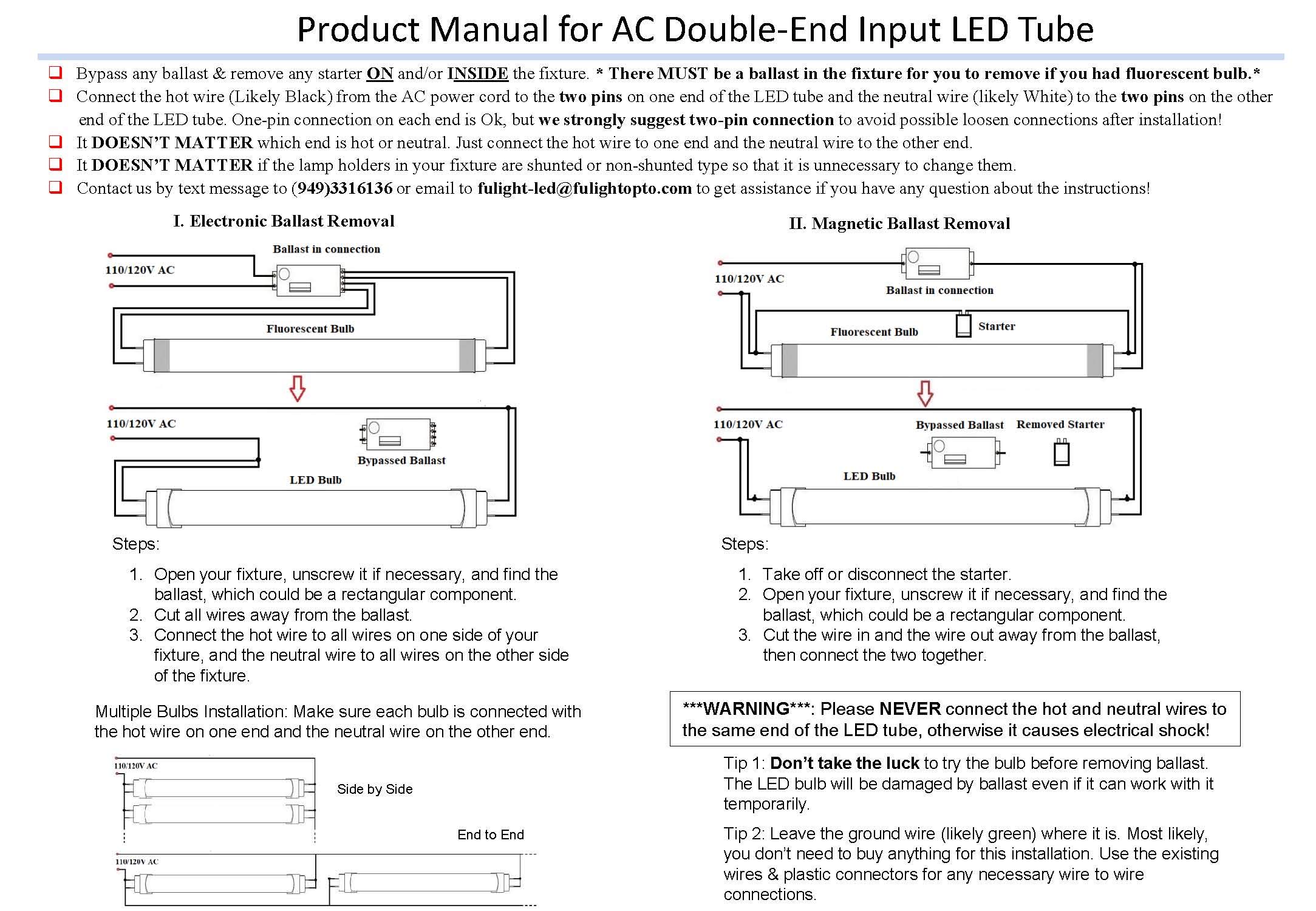 Fulight Type B T8 LED Tube Light, 2FT 24-Inch 10-Watt, Daylight 6000K, F17T8, F18T8, F20T10, F20T12/CW, Double-End Powered, Frosted Cover - Fluorescent Replacement Bulb (Not a Plug-and-Play)