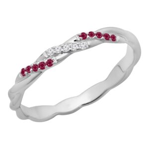 dazzlingrock collection 14k round ruby & white diamond ladies swirl wedding band stackable ring, white gold, size 7.5