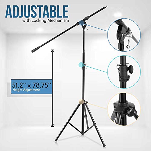 Pyle Heavy Duty Microphone Stand-Height Adjustable from 51.2'' to 78.75'' Inch High w/Extendable Telescoping Boom Arm 29.5'' and Stable Tripod Base-Clutch in T-Bar Adjustment Point PMKS56