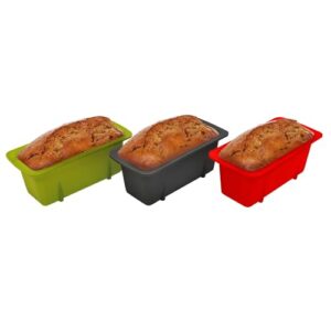 starfrit set of 3, silicone mini loaf pans, green/red/gray