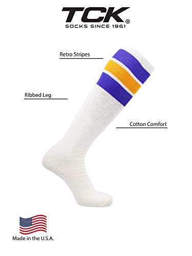 TCK Retro 3 Stripe Tube Socks (Purple/Gold, Medium)