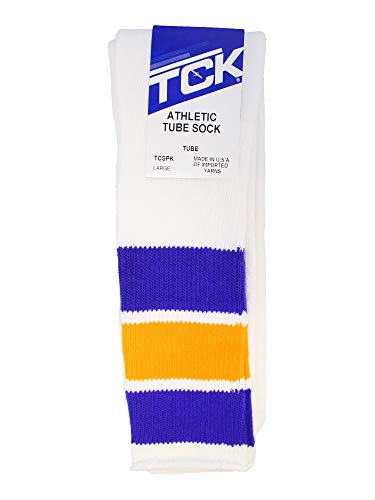 TCK Retro 3 Stripe Tube Socks (Purple/Gold, Medium)