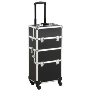 yaheetech rolling makeup train case 3 in 1 cosmetic makeup case large aluminum trolley makeup travel case professional rolling cosmetic beauty storage, with 360° swivel wheels, black