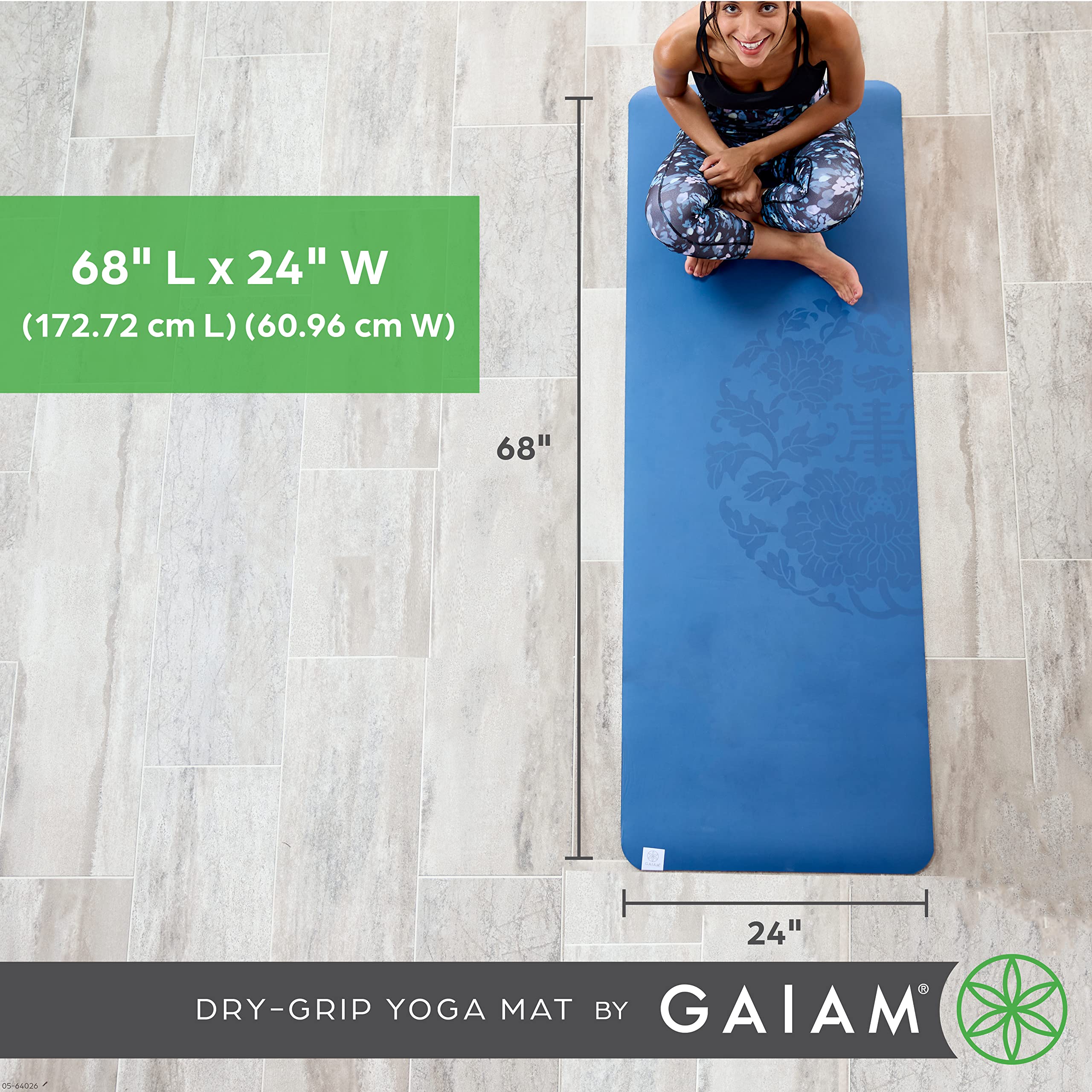 Gaiam Yoga Mat - Premium Dry-Grip Thick Non Slip Exercise & Fitness Mat for Hot Yoga, Pilates & Floor Workouts (68"L x 24"W x 5mm) - Purple