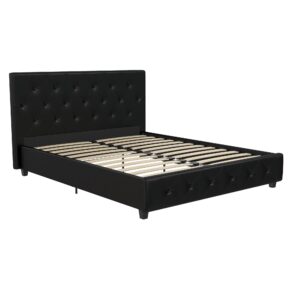 dhp dakota upholstered platform bed with diamond button tufted headboard and footboard, no box spring needed, queen, black faux leather