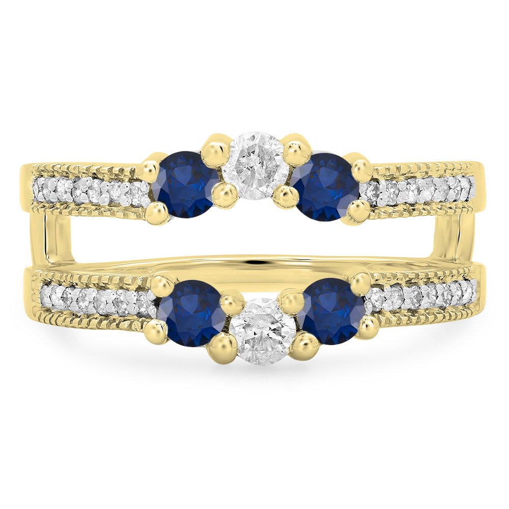 Dazzlingrock Collection 14K Blue Sapphire & White Diamond Wedding Band 3 Stone Enhancer Guard Ring, Yellow Gold, Size 7.5