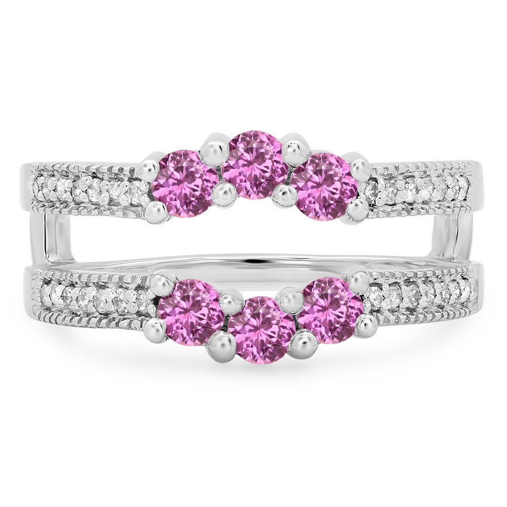 Dazzlingrock Collection 14K Pink Sapphire & White Diamond Wedding Band 3 Stone Enhancer Guard Ring, White Gold, Size 7