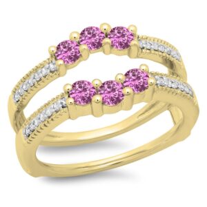 dazzlingrock collection 14k pink sapphire & white diamond wedding band 3 stone enhancer guard ring, yellow gold, size 6