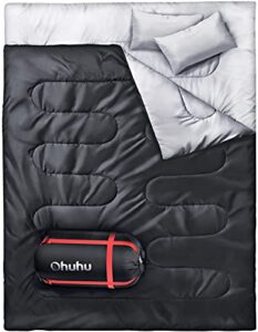 ohuhu double sleeping bag with 2 pillows, waterproof lightweight 2 person adults sleeping bag for camping, backpacking, hiking, with carrying bag (black)