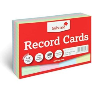 silvine 6x4" multi-coloured record cards - lined with headline, 100 cards per pack. ref 564ac (152 x 101mm)