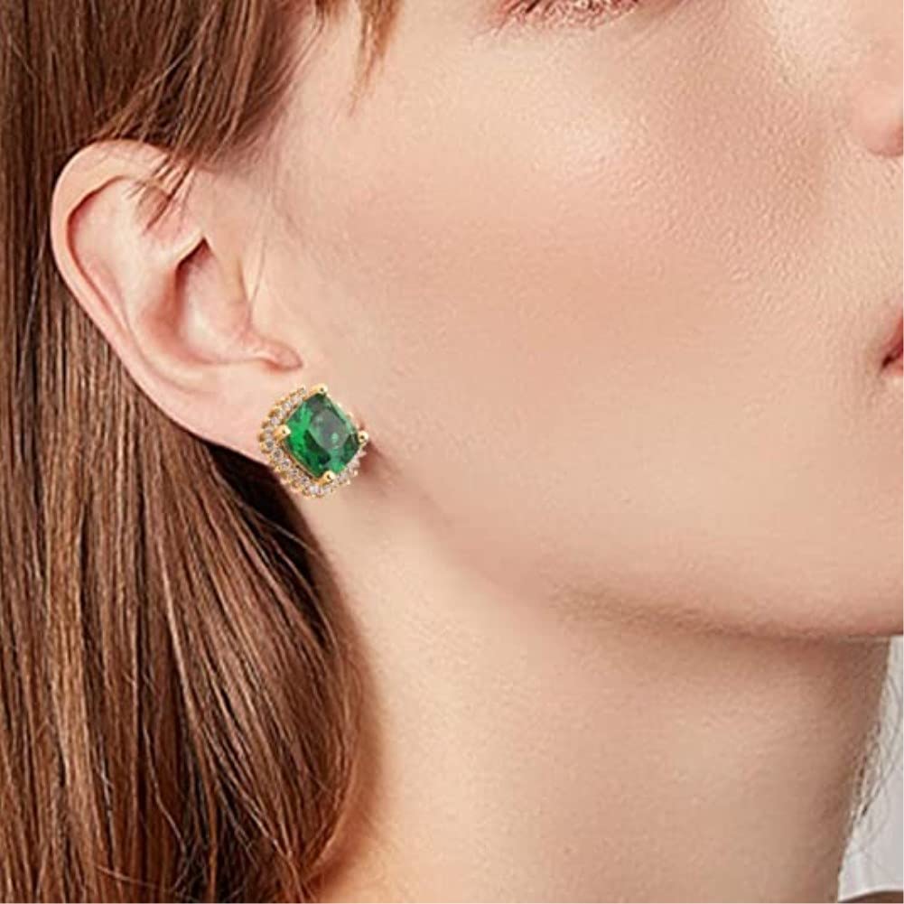 ODETOJOY 1 Pair Simulated Emerald Earrings 18K Yellow Gold Plated Square Cubic Zirconia Simulated Diamond Halo Stud Earrings for Women with Gift Box with Gift Box (Green)