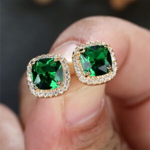 ODETOJOY 1 Pair Simulated Emerald Earrings 18K Yellow Gold Plated Square Cubic Zirconia Simulated Diamond Halo Stud Earrings for Women with Gift Box with Gift Box (Green)