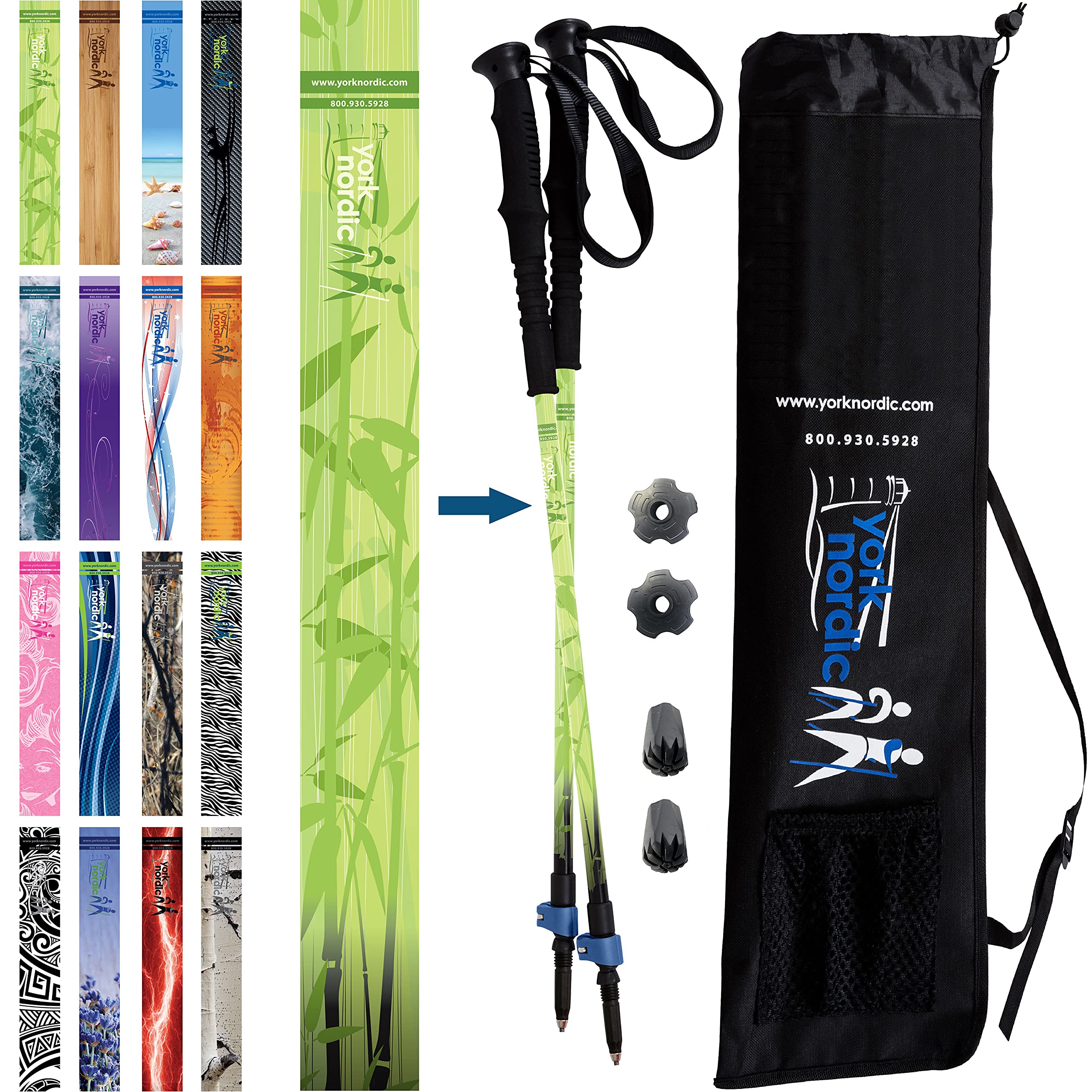 York Nordic Hiking & Walking Poles - Cushion Foam Hiking Grips - Lightweight, Adjustable, and Collapsible -2 Pieces Adjustable w/flip Locks, and Travel Bag (Green Zen) - Heights 5'4"-6'2"