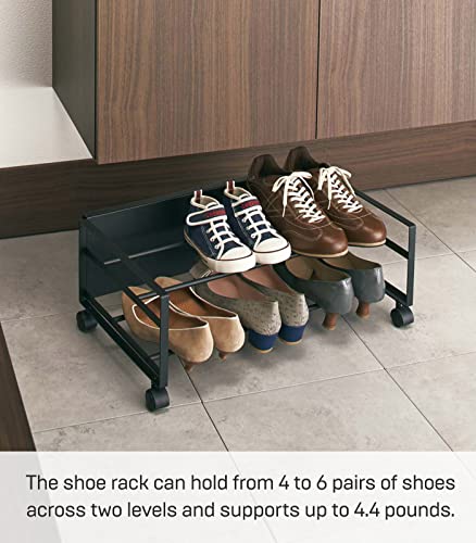 Yamazaki Home Frame Rolling Shoe Rack, Compact Entryway Or Bedroom Metal Shoe Organizer With Wheels, Steel - Holds 4 Shoes, 6 Heels