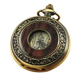 vigoroso men's hand-wind mechanical pocket watch vintage steampunk wood grain hollow design with chain and box