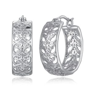 morgan & paige rhodium plated 925 sterling silver openwork filigree round hoop earrings for women