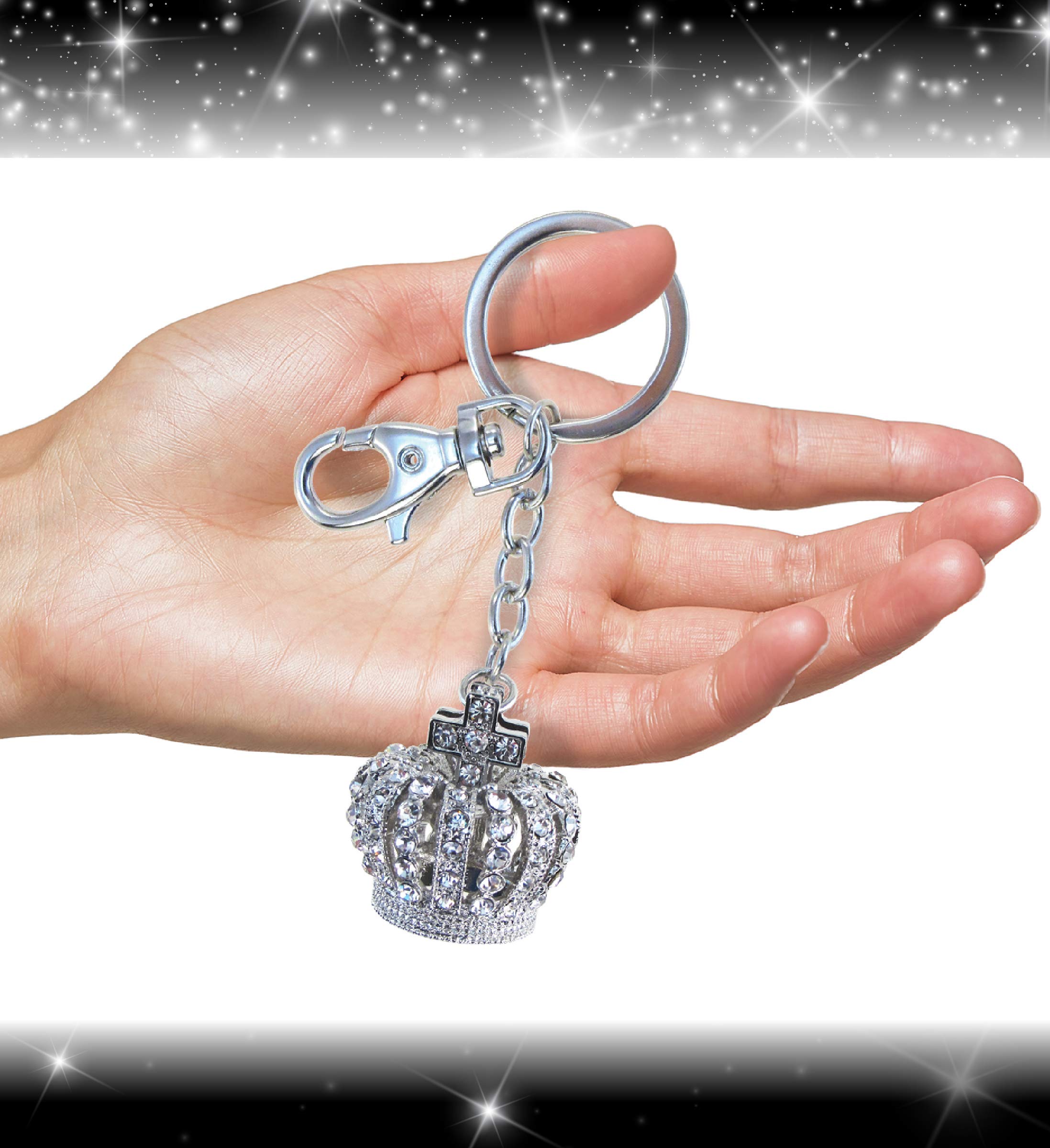 Aqua 79 Sparkly Crown Keychain Charm - Silver 3D Rhinestone Keychain for Women and Men, Metal Alloy Crystal Keychain, Fashionable Keychain Accessory, Bling Keychain for Your Crystal Pouch - 1.6 inch