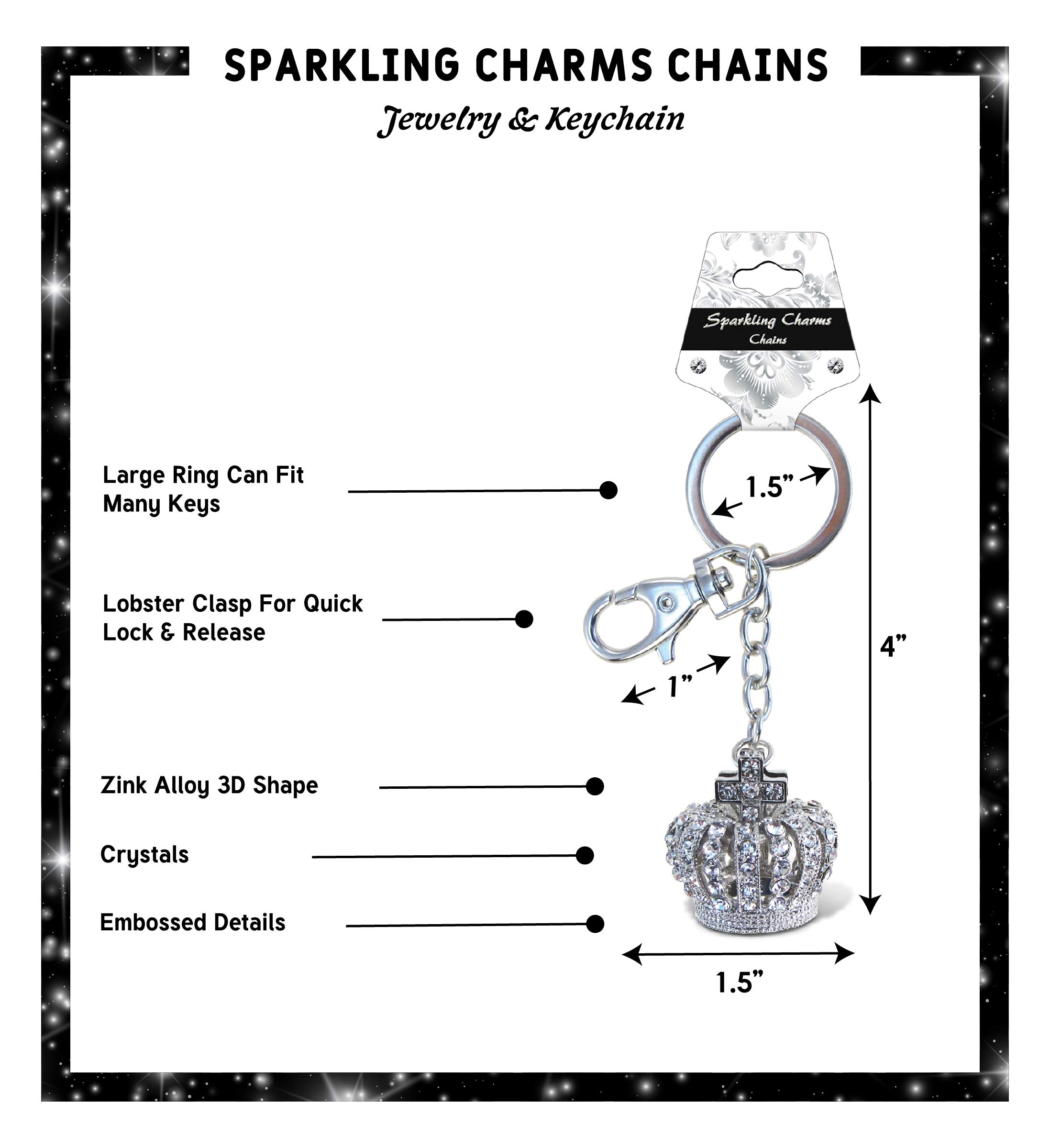 Aqua 79 Sparkly Crown Keychain Charm - Silver 3D Rhinestone Keychain for Women and Men, Metal Alloy Crystal Keychain, Fashionable Keychain Accessory, Bling Keychain for Your Crystal Pouch - 1.6 inch