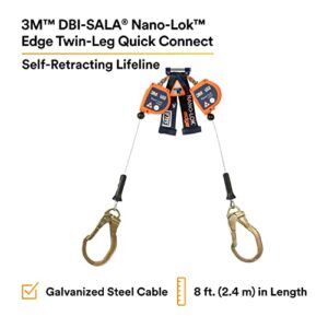 3M DBI-SALA Nano-Lok edge Twin-Leg Quick Connect Fall Protection Self Retracting Lifeline SRL - Cable Construction 3500227, Orange, 8 ft. (2.4 m), 1 EA