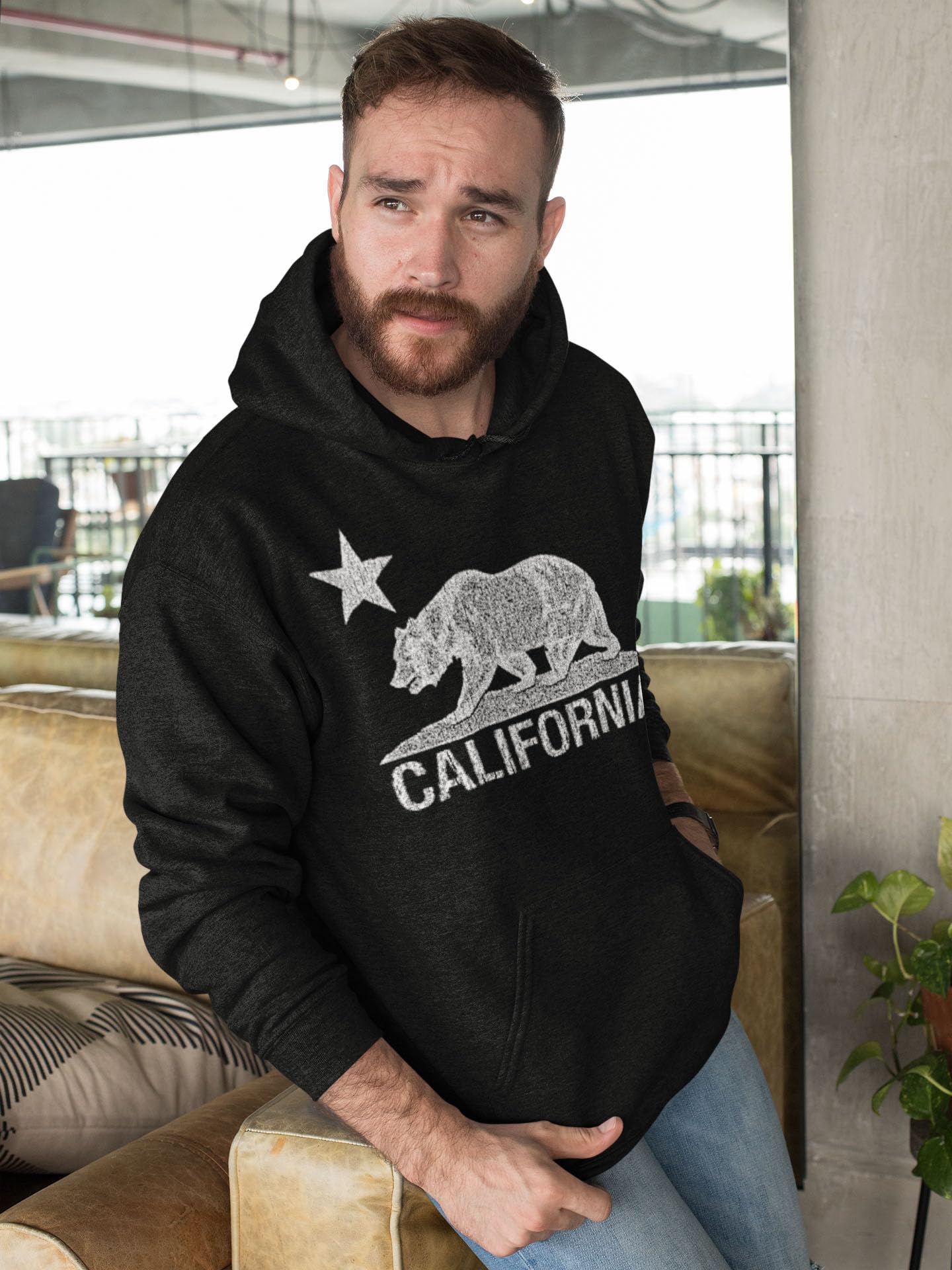 shop4ever California Distressed White Bear Hoodies Cali Sweatshirts Medium Black 0