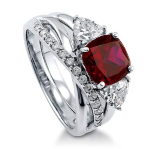 berricle sterling silver 3-stone wedding engagement rings simulated ruby cushion cut cubic zirconia cz criss cross ring set for women, rhodium plated size 7