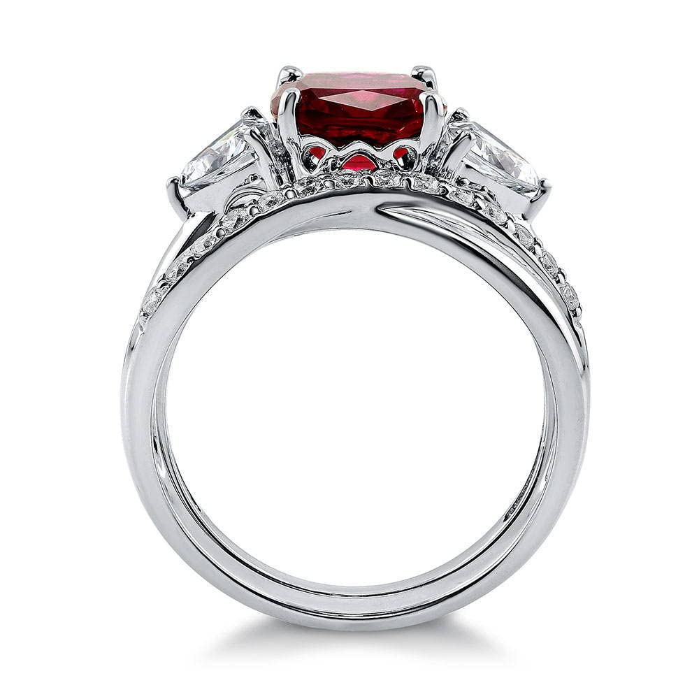 BERRICLE Sterling Silver 3-Stone Wedding Engagement Rings Simulated Ruby Cushion Cut Cubic Zirconia CZ Criss Cross Ring Set for Women, Rhodium Plated Size 7