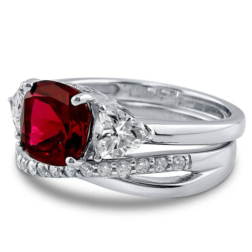 BERRICLE Sterling Silver 3-Stone Wedding Engagement Rings Simulated Ruby Cushion Cut Cubic Zirconia CZ Criss Cross Ring Set for Women, Rhodium Plated Size 7