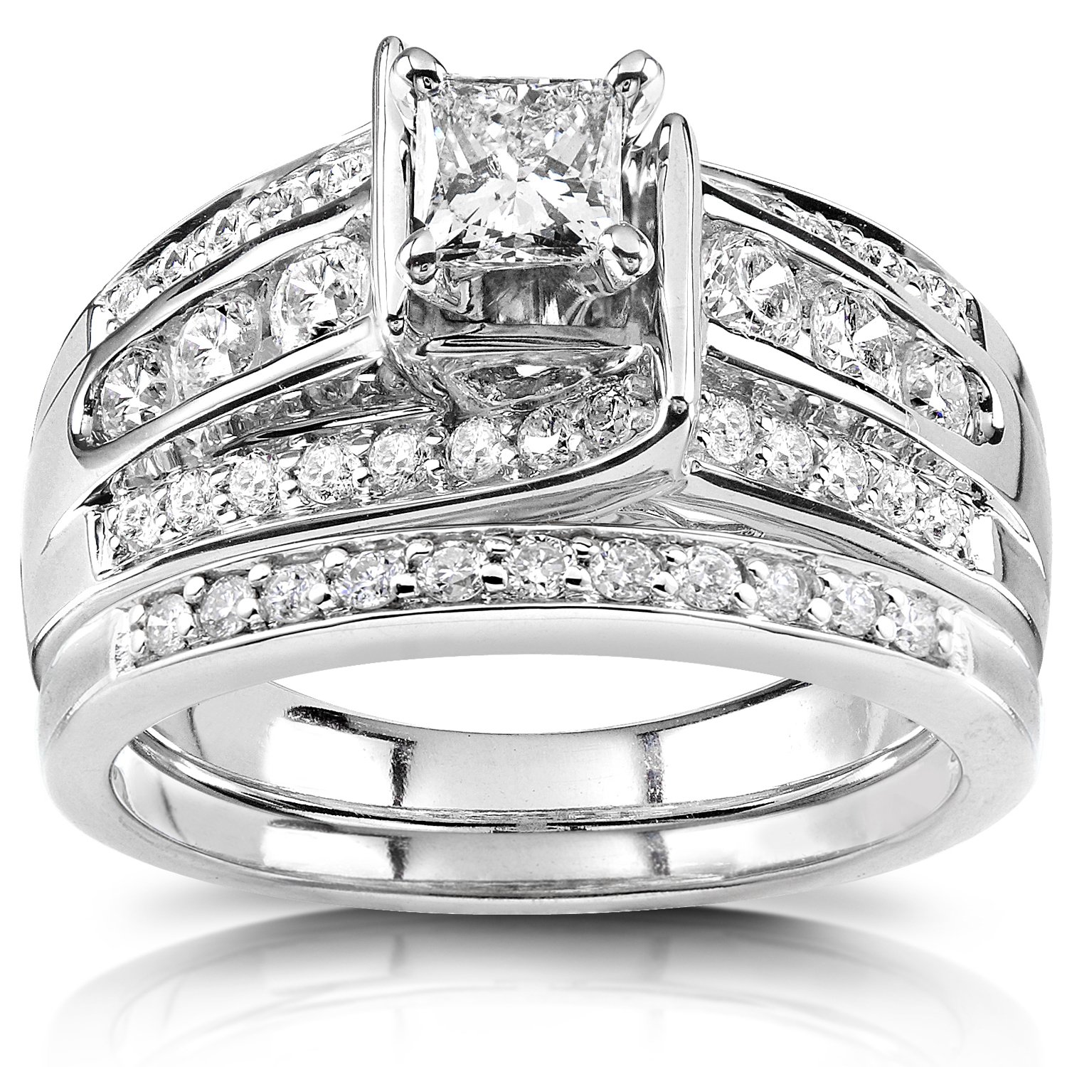 Kobelli Princess Diamond Wedding Ring Set 1 Carat (ctw), 14K White Gold, Size 7