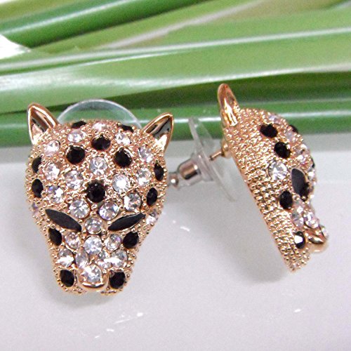 Navachi 18k Gold Plated Leopard Head White Black Crystal Az1146s Stud Earrings