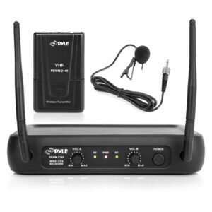 pyle dual channel wireless microphone system - vhf fixed dual frequency wireless mic receiver set with 2 lavalier, 2 headset mics, 2 transmitter, receiver - for pa, karaoke, dj party - pyle pdwm2145