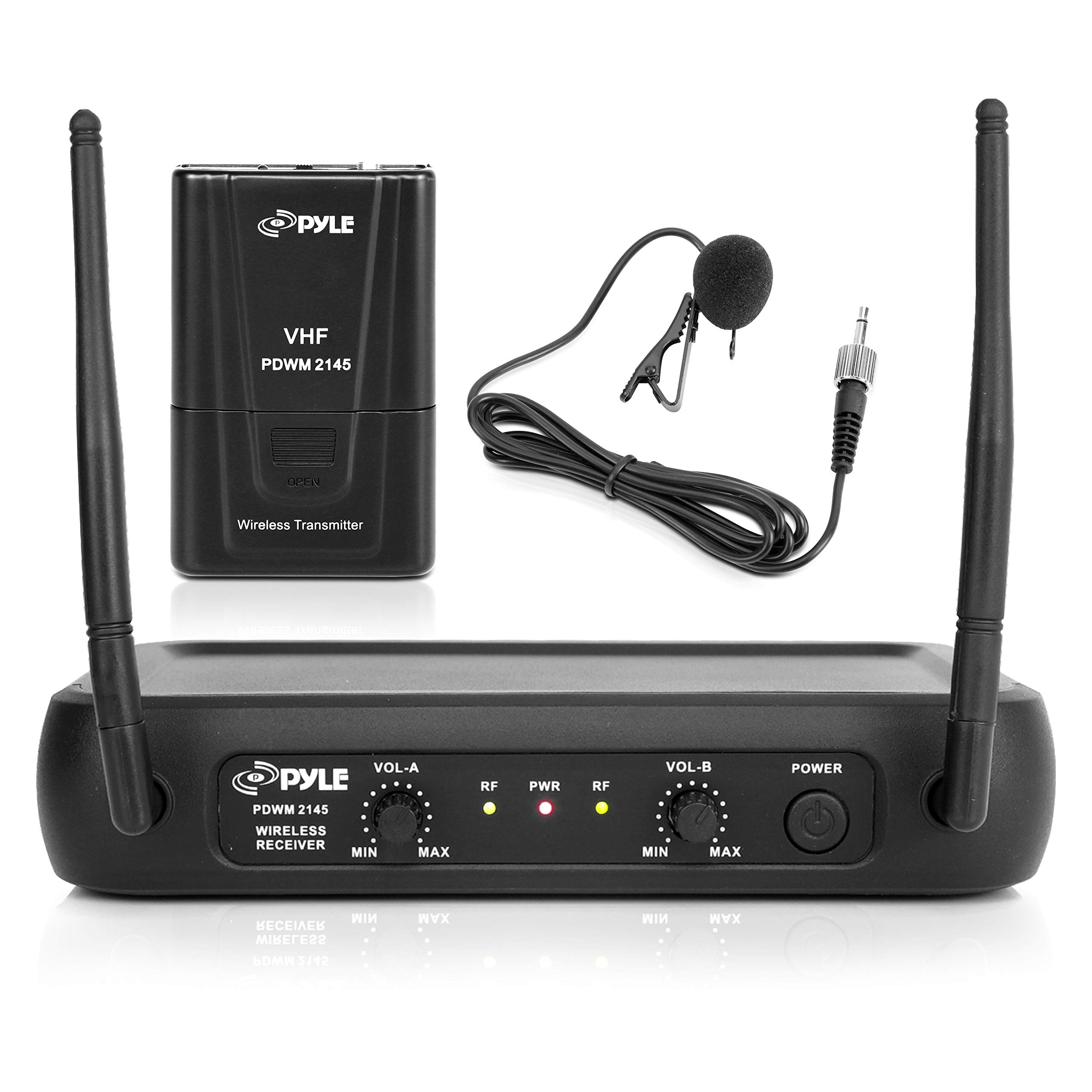 Pyle Dual Channel Wireless Microphone System - VHF Fixed Dual Frequency Wireless Mic Receiver Set with 2 Lavalier, 2 Headset Mics, 2 Transmitter, Receiver - For PA, Karaoke, Dj Party - Pyle PDWM2145