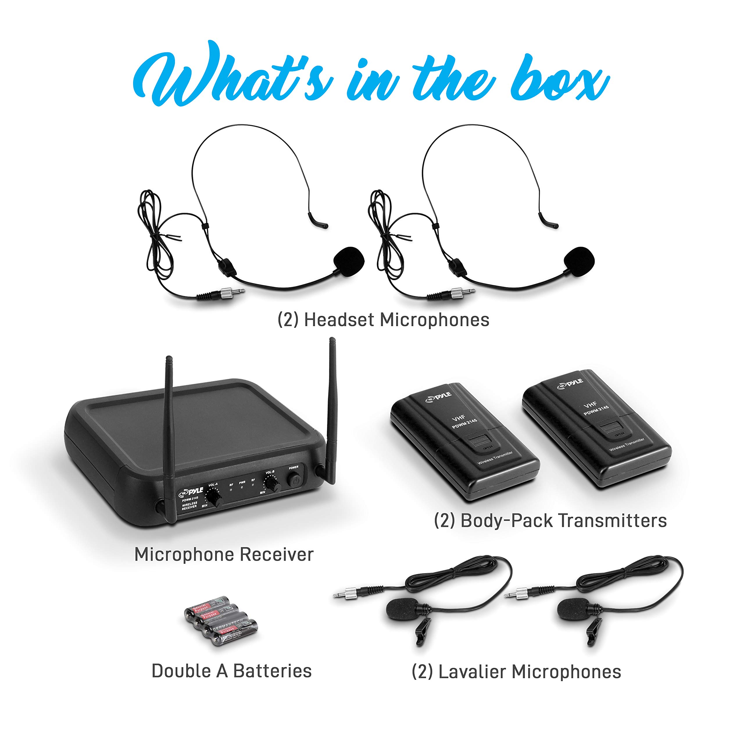 Pyle Dual Channel Wireless Microphone System - VHF Fixed Dual Frequency Wireless Mic Receiver Set with 2 Lavalier, 2 Headset Mics, 2 Transmitter, Receiver - For PA, Karaoke, Dj Party - Pyle PDWM2145