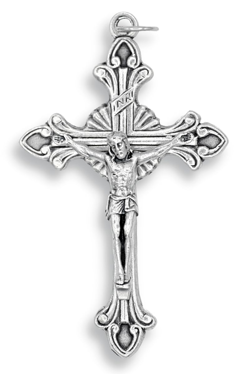 Bulk Pack of 5 - Large Flared Sunburst Fleur-De-Lis Crucifix Rosary Part - 2 1/8" Italian Silver Oxidized Finish Cross for Rosary Making Rosary Making Supplies, Made in Italy