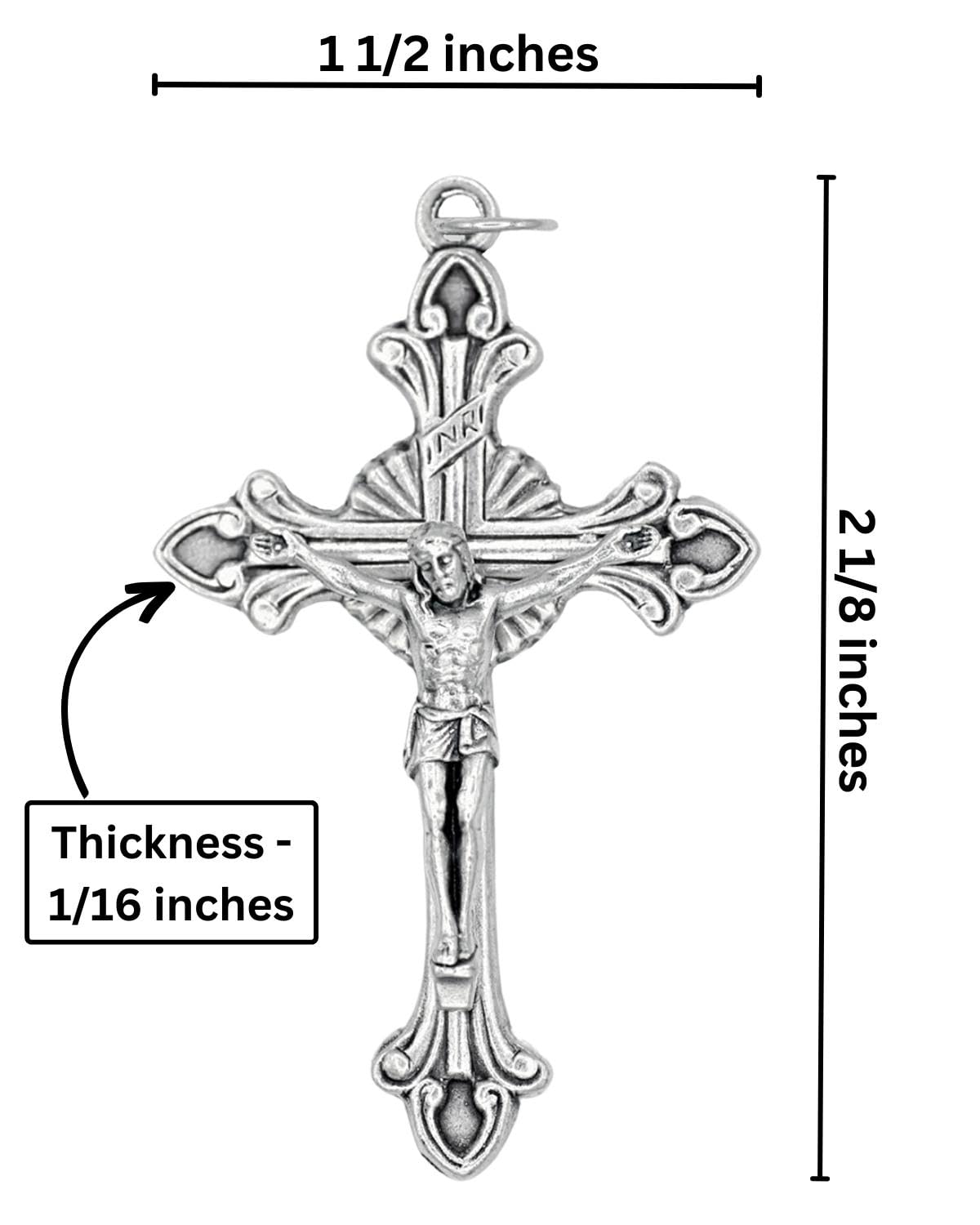 Bulk Pack of 5 - Large Flared Sunburst Fleur-De-Lis Crucifix Rosary Part - 2 1/8" Italian Silver Oxidized Finish Cross for Rosary Making Rosary Making Supplies, Made in Italy