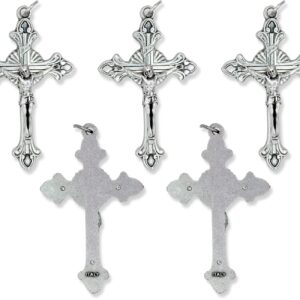 Bulk Pack of 5 - Large Flared Sunburst Fleur-De-Lis Crucifix Rosary Part - 2 1/8" Italian Silver Oxidized Finish Cross for Rosary Making Rosary Making Supplies, Made in Italy