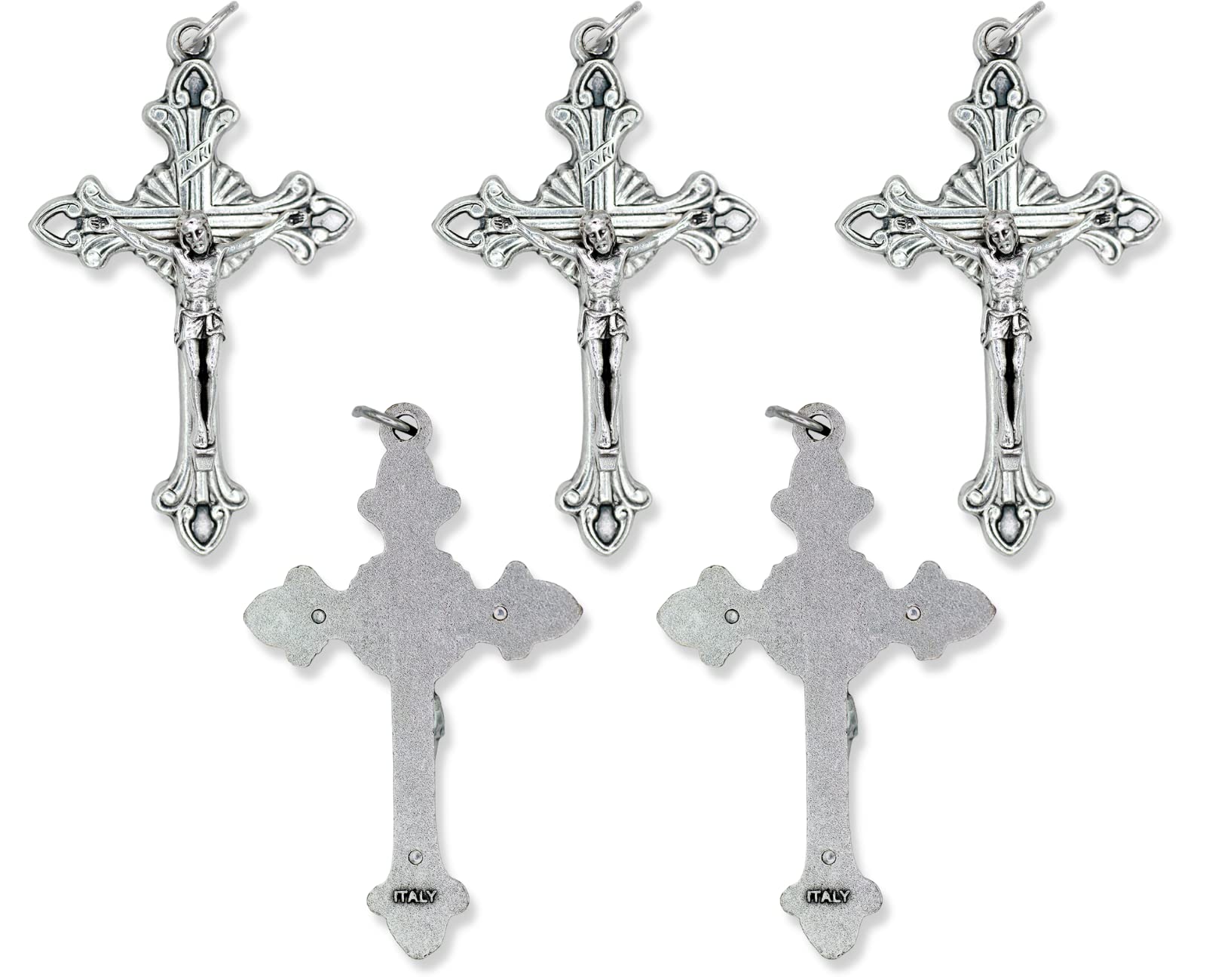 Bulk Pack of 5 - Large Flared Sunburst Fleur-De-Lis Crucifix Rosary Part - 2 1/8" Italian Silver Oxidized Finish Cross for Rosary Making Rosary Making Supplies, Made in Italy