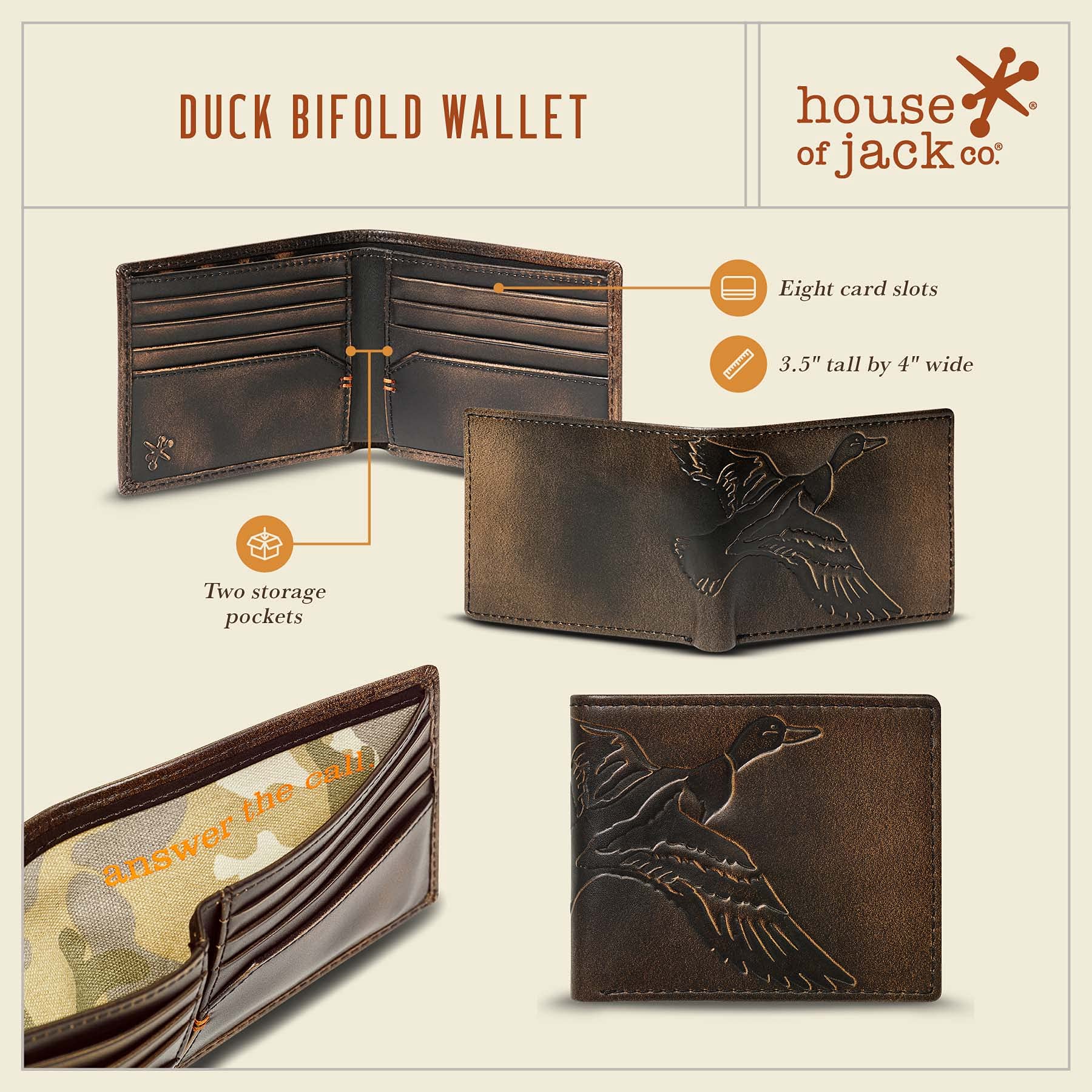 House of Jack Co. DUCK Bifold Wallet For Men | Outdoor Sportsman Mens Wallet | Hand Burnished Full Grain Leather | Slim Wallet | Duck Hunter Gift