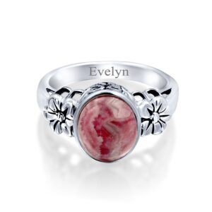 Bling Jewelry Flower Bezel Oval Gemstone Pink Rhodochrosite Boho Fashion Ring Band For Women For Teen .925 Sterling Silver