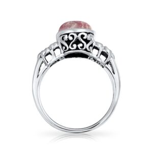 Bling Jewelry Flower Bezel Oval Gemstone Pink Rhodochrosite Boho Fashion Ring Band For Women For Teen .925 Sterling Silver