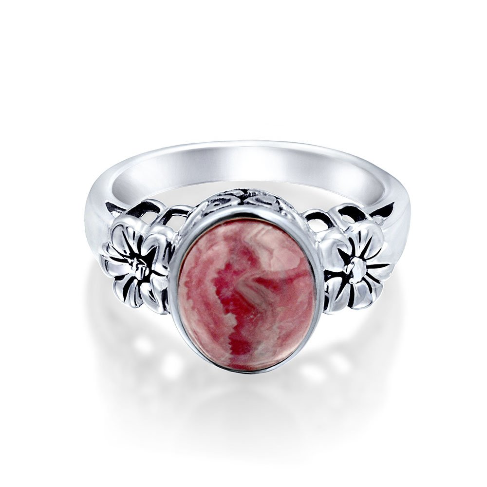 Bling Jewelry Flower Bezel Oval Gemstone Pink Rhodochrosite Boho Fashion Ring Band For Women For Teen .925 Sterling Silver