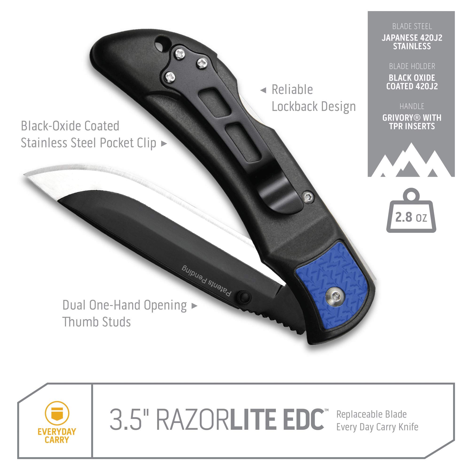 OUTDOOR EDGE 3.5" RazorLite EDC Knife. Pocket Knife with Replaceable Blades and Clip. The Perfect Hunting Knife for Skinning Deer. Blue with 6 Blades