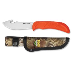 outdoor edge wildskin - 4.0" fixed blade gut-hook skinning knife for big game hunting with camo nylon belt sheath