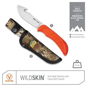 OUTDOOR EDGE WildSkin - 4.0" Fixed Blade Gut-Hook Skinning Knife for Big Game Hunting with Camo Nylon Belt Sheath