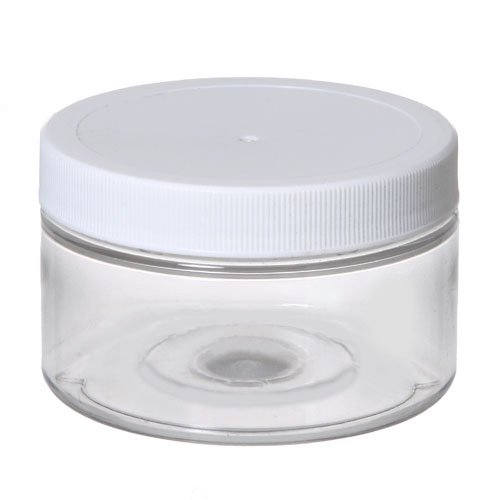 Grand Parfums 6 Clear Low Profile 4 Oz Jars PET Plastic Empty Cosmetic Containers, White Caps, Sugar Scrub, Powder, Body Cream, Lotion, Beads