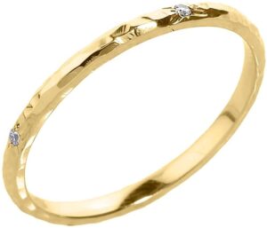 modern contemporary rings 14k yellow gold diamond accented hammered stackable slender ring with starburst engraved flush set gems (j-k color, i1-i2 clarity) - size 8