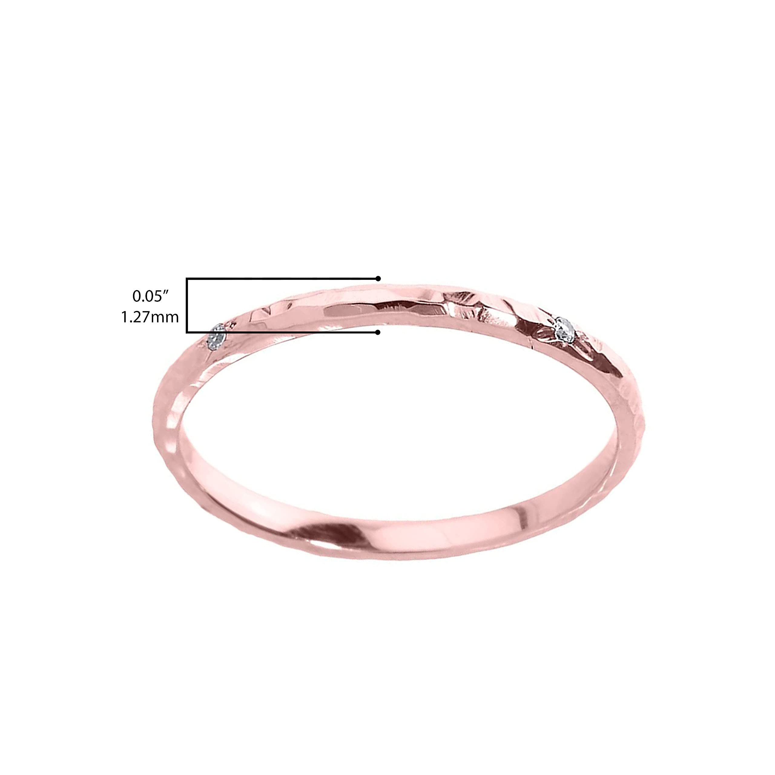 10K Rose Gold Diamond Accented Hammered Stackable Slender Ring with Starburst Engraved Flush Set Gems (J-K Color, I1-I2 Clarity) - Size 6