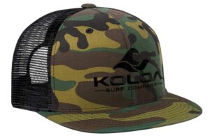 joe's usa, koloa surf mesh back wave logo trucker mens hat in camo/black with black embroidered logo