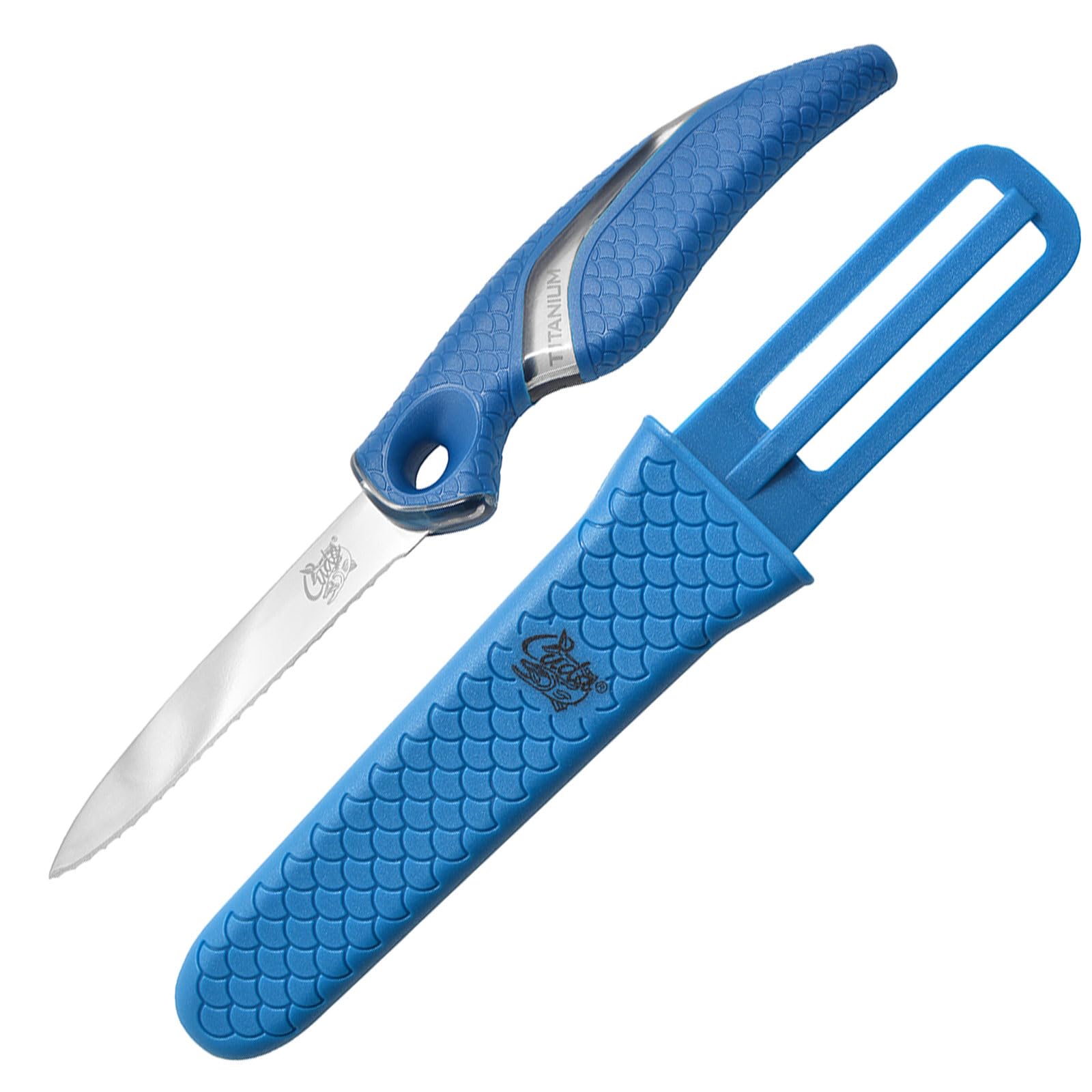 CUDA 3" Net Knife Saltwater & Freshwater Serrated Edge Titanium Bonded Stainless Steel Blade Knife with Non-Slip Scale Pattern Grip | Sheath Included